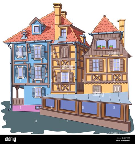 Vector Drawing Of Old Half Timbered Houses Above The Canal In The City Colmar Stock Vector Image