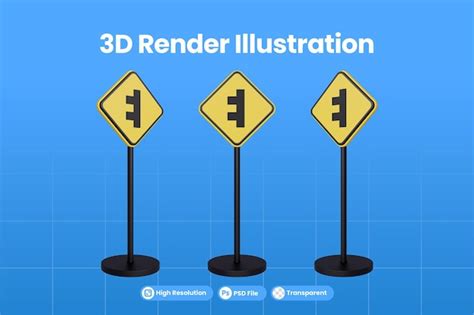 노란색 삼각형 경고 표시의 3d 렌더링 교통 표지판 양면 도로 교차로 교통 프리미엄 Psd 파일