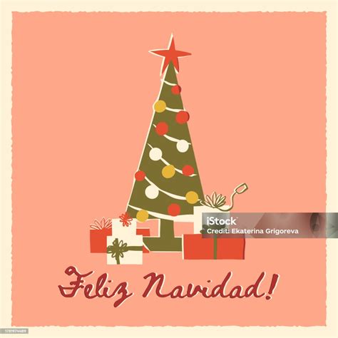 Feliz Navidad 메리 크리스마스는 싸구려 별 요정 조명으로 귀엽게 장식 된 크리스마스 트리와 함께 스페인어 복고풍 인사말 카드입니다 벡터 빈티지 미드 센추리 스타일