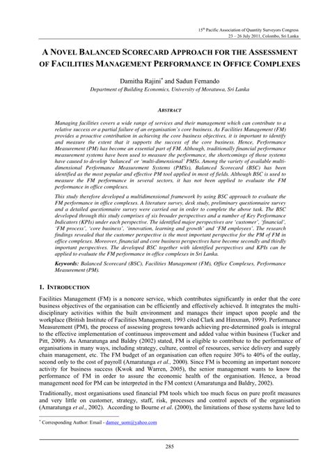 Pdf A Novel Balanced Scorecard Approach For The Assessment Of Facilities Management