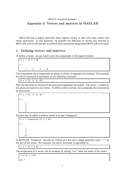 Ma2213 Numerical Analysis I Appendix 2 Vectors And Matrices In Matlab