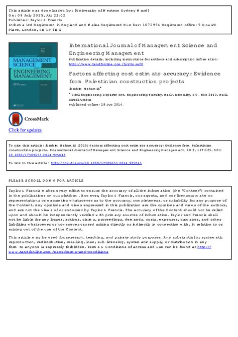 Factors Affecting Cost Estimate Accuracy This Article Was Downloaded By University Of