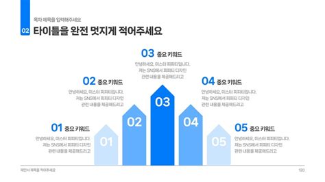 적어주세요 중요 키워드 인포그래픽 부터 까지 번호 매겨진 파란색 계열로 강조된 가이드 화살표와 텍스트 조합 레퍼런스 Ppt
