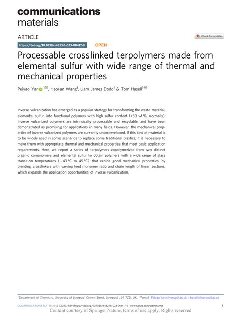 Pdf Processable Crosslinked Terpolymers Made From Elemental Sulfur With Wide Range Of Thermal