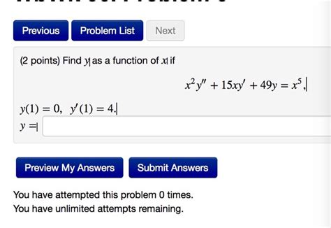 Solved Find Y As A Function Of X If X 2 Y 15xy 49y