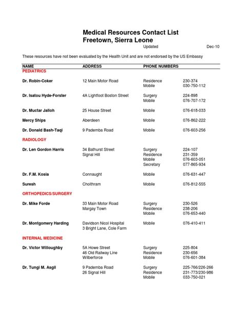 Medical Contacts In Freetown Sl Pdf Obstetrics Gynecology Pediatrics