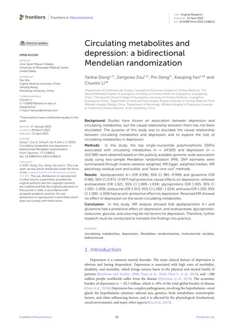 Pdf Circulating Metabolites And Depression A Bidirectional Mendelian