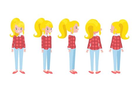 애니메이션에 대 한 여자 여자 전면 후면 보기 평면 벡터 문자 별도의 신체 부위 프리미엄 벡터