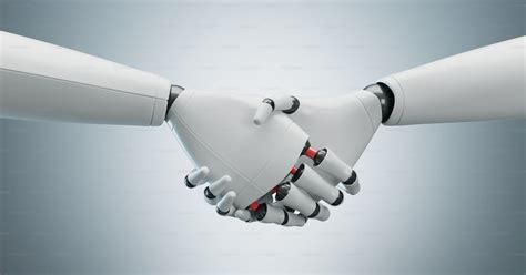 두 명의 하얀 사이보그가 악수하는 모습 회색 배경입니다 미래와 새로운 기술의 개념 3d 렌더링 모형 사진 Unsplash의 핸드셰이크 이미지