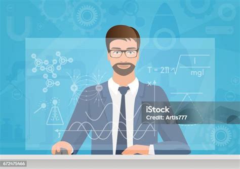 수염이 있는 남자 물리학자가 컴퓨터 벡터 일러스트레이션에서 그래프 공식을 만듭니다 물리학 기술 그래프에 대한 스톡 벡터 아트 및 기타 이미지 Istock