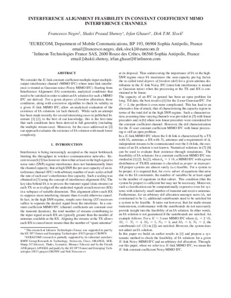 Pdf Interference Alignment Feasibility In Constant Coefficient Mimo