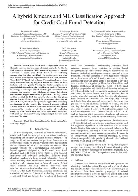 PDF A Hybrid Kmeans And ML Classification Approach For Credit Card Fraud Detection