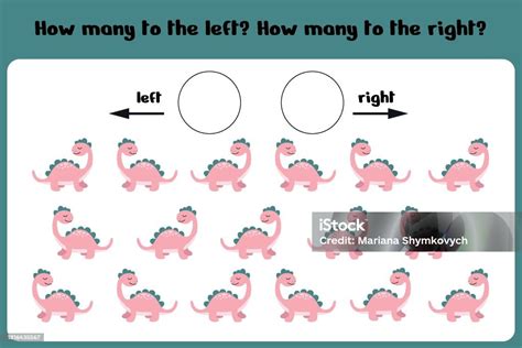 얼마나 많은 공룡이 오른쪽과 왼쪽으로 가는지 세어보세요 아이들을 위한 논리 게임 왼쪽에서 오른쪽으로 교육 시트 벡터 일러스트 레이 션 0명에 대한 스톡 벡터 아트 및 기타