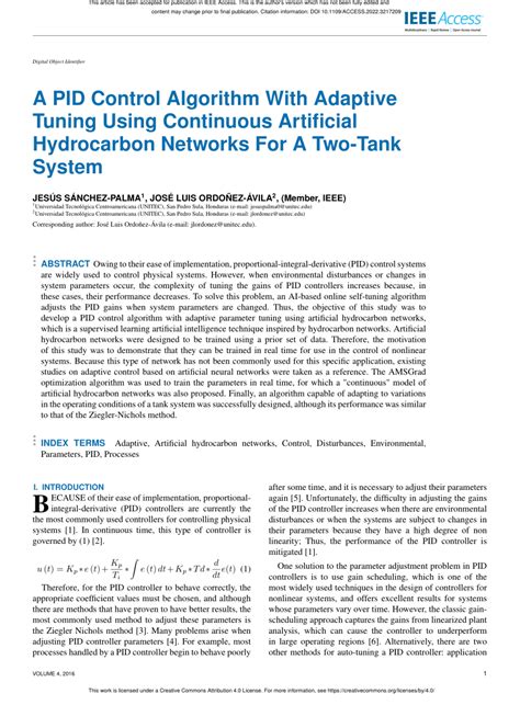 Pdf A Pid Control Algorithm With Adaptive Tuning Using Continuous Artificial Hydrocarbon
