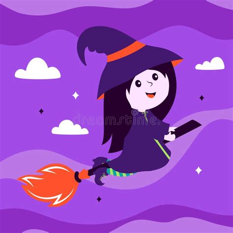Illustrazione Vettoriale Di Halloween Con Una Strega Carina Sulla Scopa