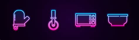 세트 라인 오븐 장갑 피자 나이프 전자 레인지와 그릇 빛나는 네온 아이콘 벡터 가정 생활에 대한 스톡 벡터 아트 및 기타 이미지 가정 생활 가정 주방 가정의 방
