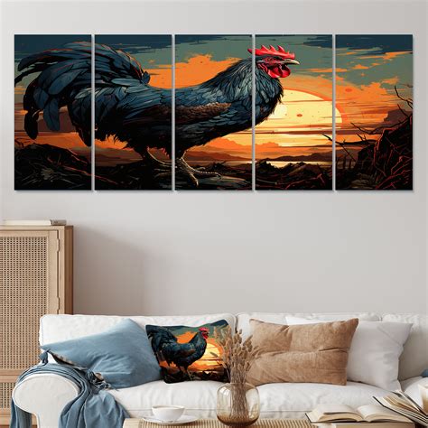 August Grove® Sunset Roosters Farmyard Ii Rooster 5 Piece Wall Art