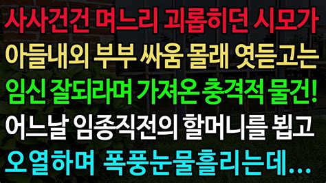 【실화사연】 사사건건 며느리 괴롭히던 시모가 아들내외 부부 싸움 몰래 엿듣고는 임신 잘되라며 가져온 충격적 물건 어느날 임종직전의 할머니를 뵙고 오열하며 폭풍눈물흘리는데