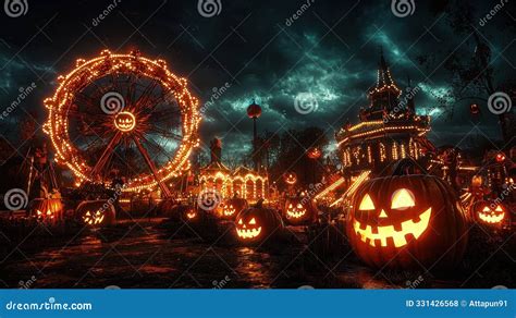 Halloween Amusement Park With Glowing Pumpkins And Ferris Wheel Under