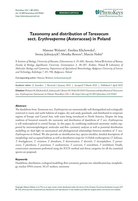 Pdf Taxonomy And Distribution Of Taraxacum Sect Erythrosperma