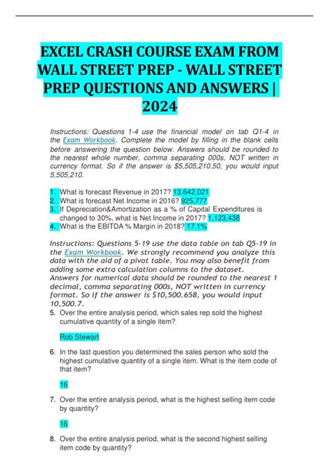 Excel Crash Course Exam From Wall Street Prep Wall Street Prep