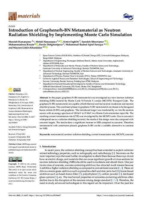 Pdf Introduction Of Grapheneh Bn Metamaterial As Neutron Radiation Shielding By Implementing