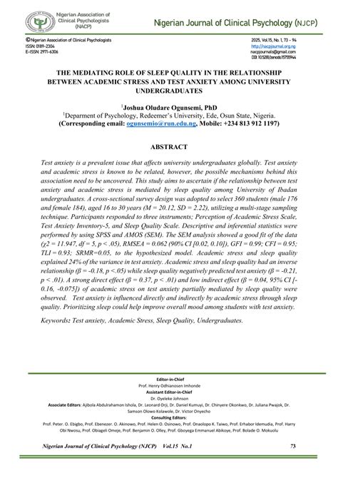 Pdf The Mediating Role Of Sleep Quality In The Relationship Between Academic Stress And Test