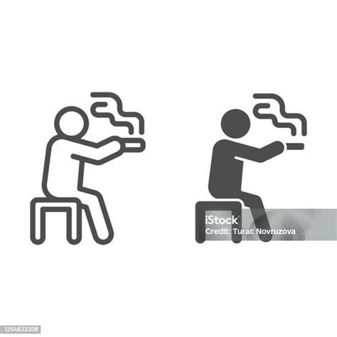 남자는 벤치에 앉아 라인과 단단한 아이콘 흡연 개념 흰색 배경에 흡연 영역 표지판 모바일 및 웹 디자인을위한 윤곽 스타일에 앉아 흡연자 실루엣 아이콘 벡터 그래픽 실루엣에