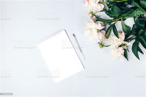 아름다운 섬세한 모란과 흰색 배경에 펜이있는 노트북 꽃이 피는 꽃 3 월 8 일 어머니의 날 생일 선물 기록보관용에 대한 스톡 사진 및 기타 이미지 Istock