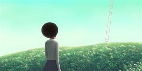 초현실적 인 예술 영감 동기 부여 변화 자유 희망 꿈 방법 및 개념 삽화 개념적 3d 일러스트레이션 판타지 자연 풍경에 계단을 가진 흑인 여성 그림 여자에 대한 스톡 벡터