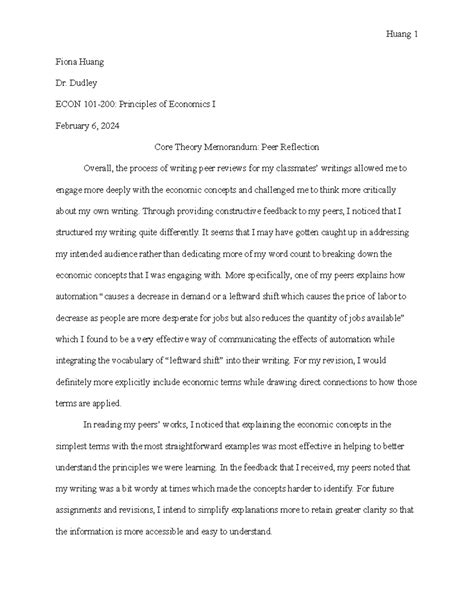 W24 Writing Assignment 1 Peer Reflection Huang 1 Fiona Huang Dr Dudley Econ 101 200