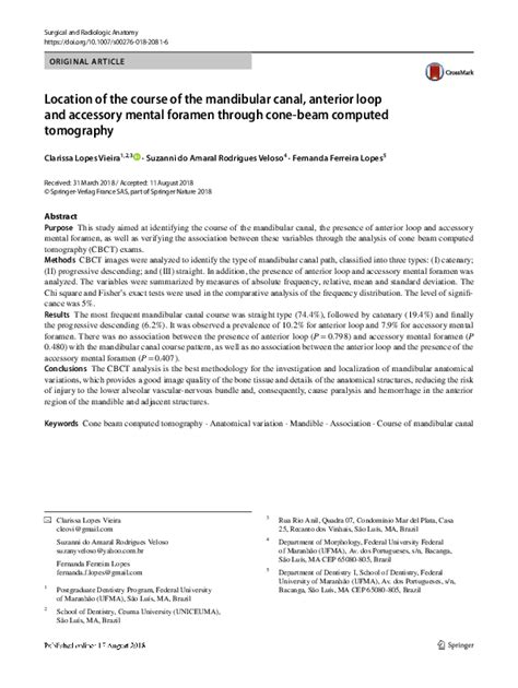 Pdf Location Of The Course Of The Mandibular Canal Anterior Loop And