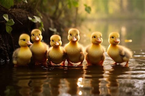 Patitos En Una Roca En El Agua De Un Lago Foto Premium