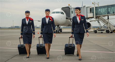 Three Flight Attendants With Luggage Walking On An Airport Tarmac