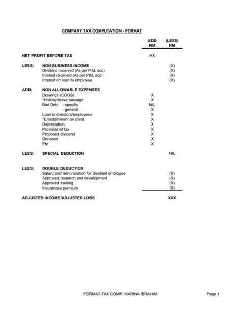 Company Tax Computation Format 1 Pdf