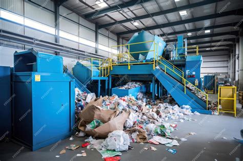 폐기물 분류 공장 다양한 가정 쓰레기로 채워진 다양한 컨베이어 및 통 컨베이어 폐기물 처리 및 재활용 폐기물 처리 공장 프리미엄 Ai 생성 이미지