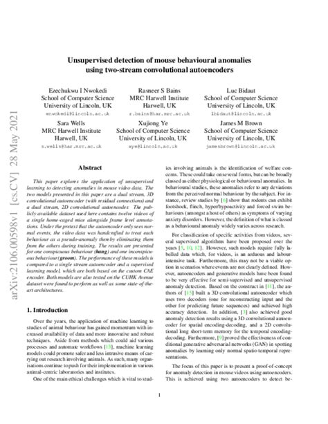 Pdf Unsupervised Detection Of Mouse Behavioural Anomalies Using Two