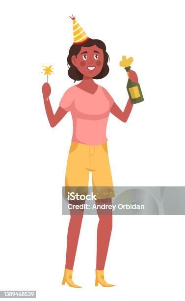 그녀의 손에 샴페인과 스파클러 의 병생일 파티에서 젊은 여자 공휴일에 대한 스톡 벡터 아트 및 기타 이미지 공휴일 귀여운 긍정적인 감정 표현 Istock