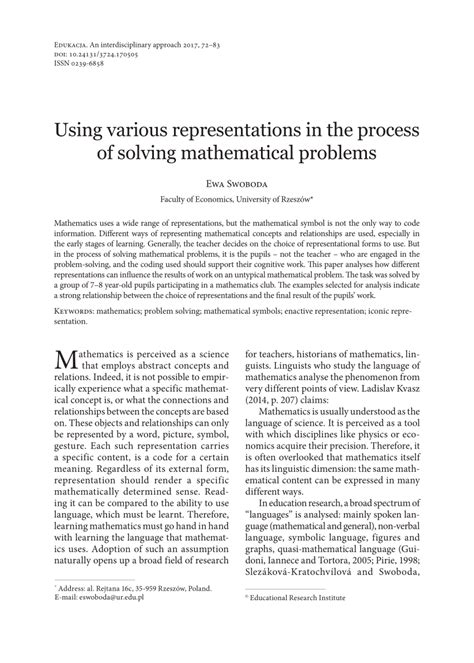 Pdf Using Various Representations In The Process Of Solving