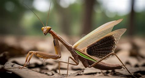 Praying Mantis Spreading Wings In Nature Close Up Stock Illustration