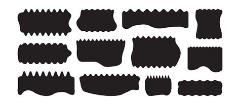 기하학적 프레임 골판지 지그재그 모양 스티커 물결 모양의 가장자리 스탬프 웨이브 박스 아이콘 매력적인 배지 라벨 세트 검은 실루엣 흰색 배경에 고립되어 있습니다 벡터 블록에