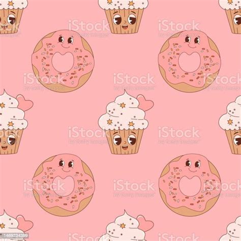 귀여운 과자 캐릭터와 매끄러운 패턴 분홍색 배경에 그루비 만화 도넛과 케이크 컵케이크 벽지 디자인 섬유 포장 장식 어린이 컬렉션에 대 한 벡터 일러스트 레이 션 가공의