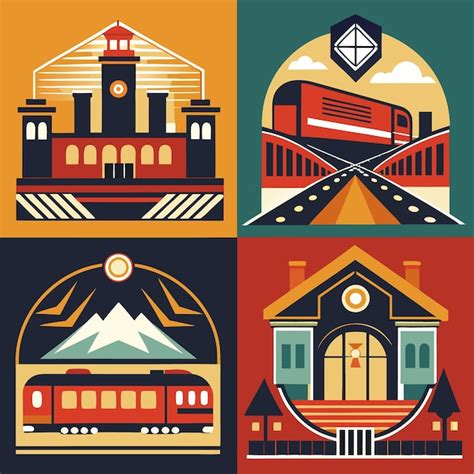 A Collage Of Four Images Depicting Train Stations With Stylized