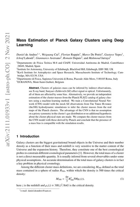 Pdf Mass Estimation Of Planck Galaxy Clusters Using Deep Learning