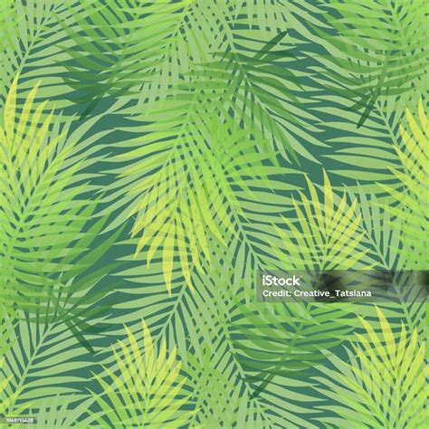 무성 한 녹색 그라데이션 색 바나나 야자수 나뭇잎 완벽 한 패턴 울창 한 정글 트로픽 배경입니다 뜨거운 여름 시즌 배경 화면입니다 예술적 직물 인쇄 0명에 대한 스톡 벡터