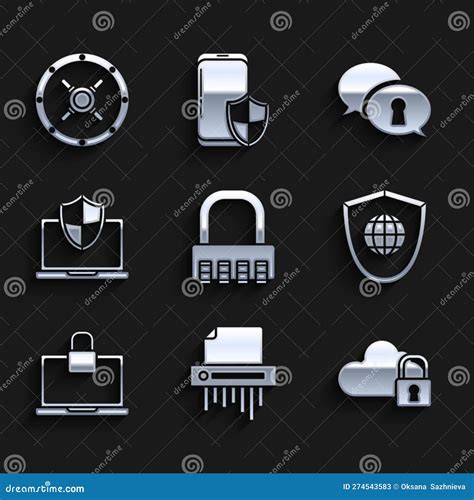 Set Safe Combination Lock Paper Shredder Confidential Cloud Computing Shield With World Globe