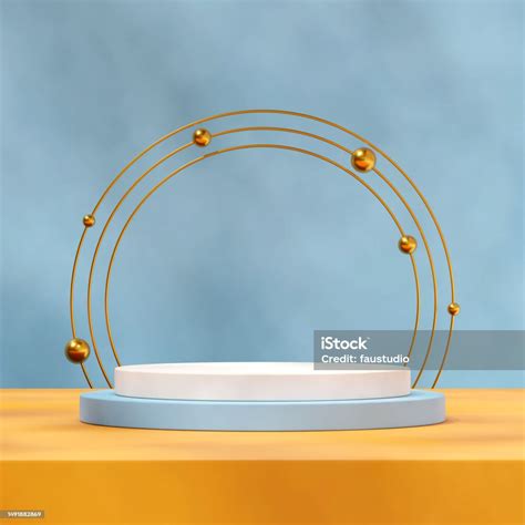 3d 렌더링 이미지 빈 공간 흰색 파란색 실린더 연단 사각형 금 반지와 구체 배경 0명에 대한 스톡 사진 및 기타 이미지 0명 3차원 형태 강단 Istock