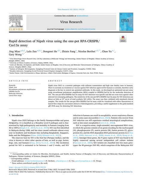 Pdf Rapid Detection Of Nipah Virus Using The One Pot Rpa Crispr Cas13a Assay