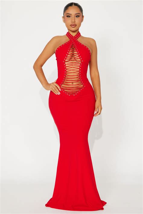 Too Hot Lace Up Maxi Dress Red Fashion Nova
