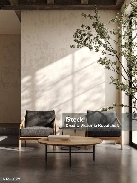세련된 나무 안락의자와 따뜻한 자연 채광 아래 원형 커피 테이블이 있는 현대적인 거실 3d 렌더 거실에 대한 스톡 사진 및 기타 이미지 Istock